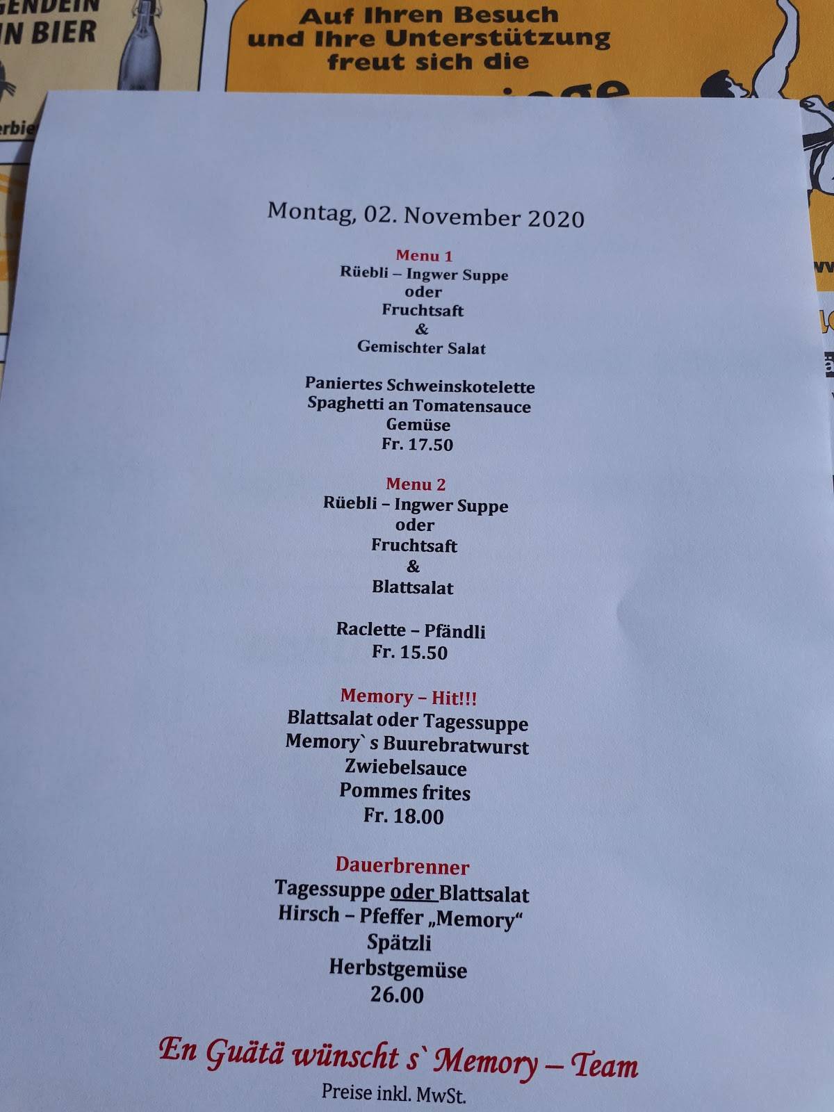 Menu at Café Memory GmbH, Wangen
