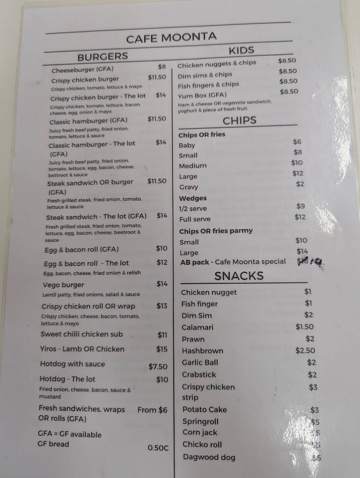 Menu at Cafe Moonta, Moonta, 6 George St