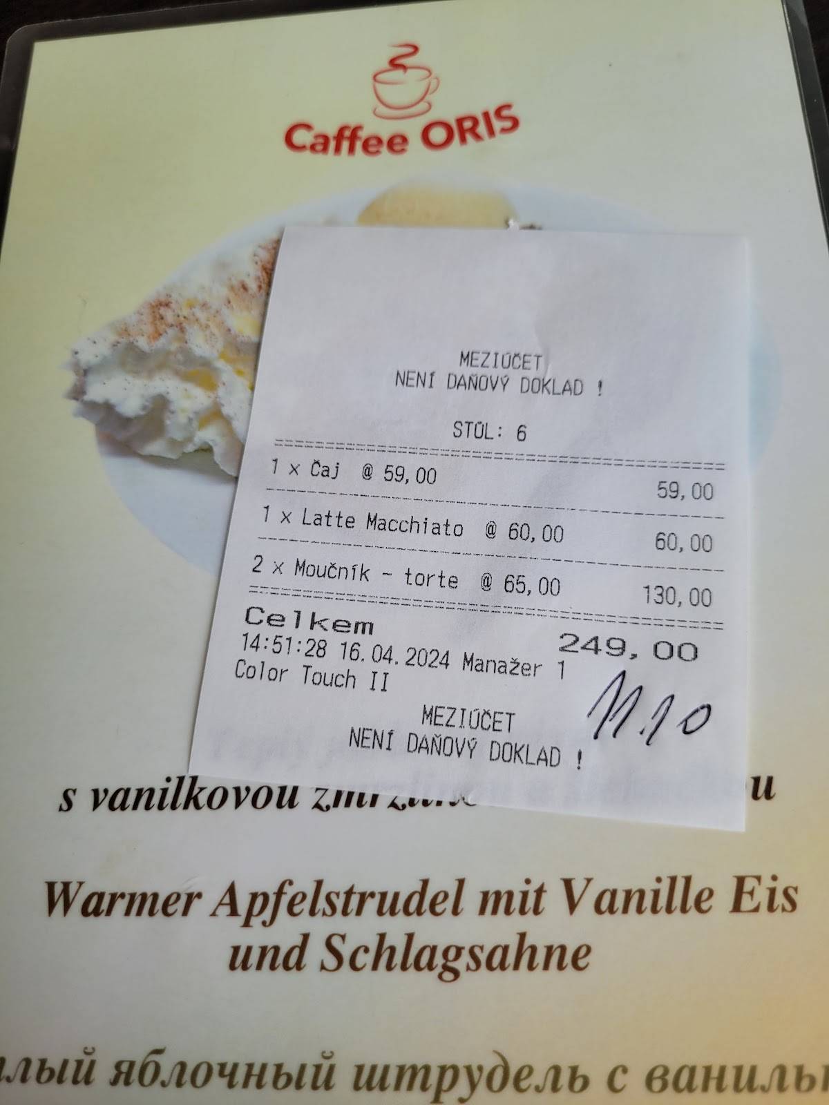 Menu at Cafe ORIS, Mariánské Lázně