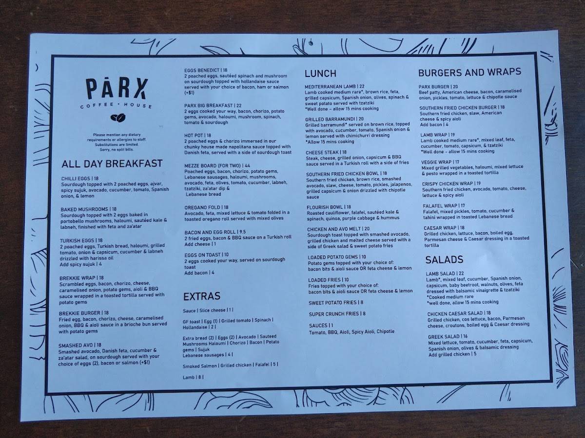Menu at Parx Coffee House Abbotsbury, Abbotsbury