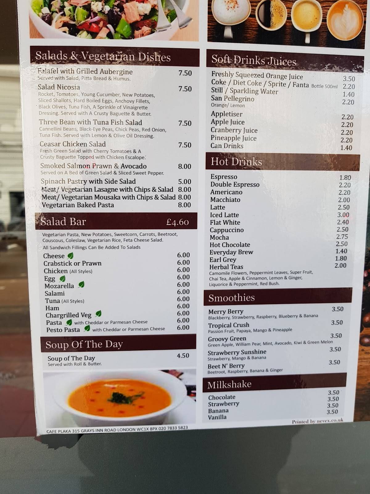 Menu at Cafe Plaka, London