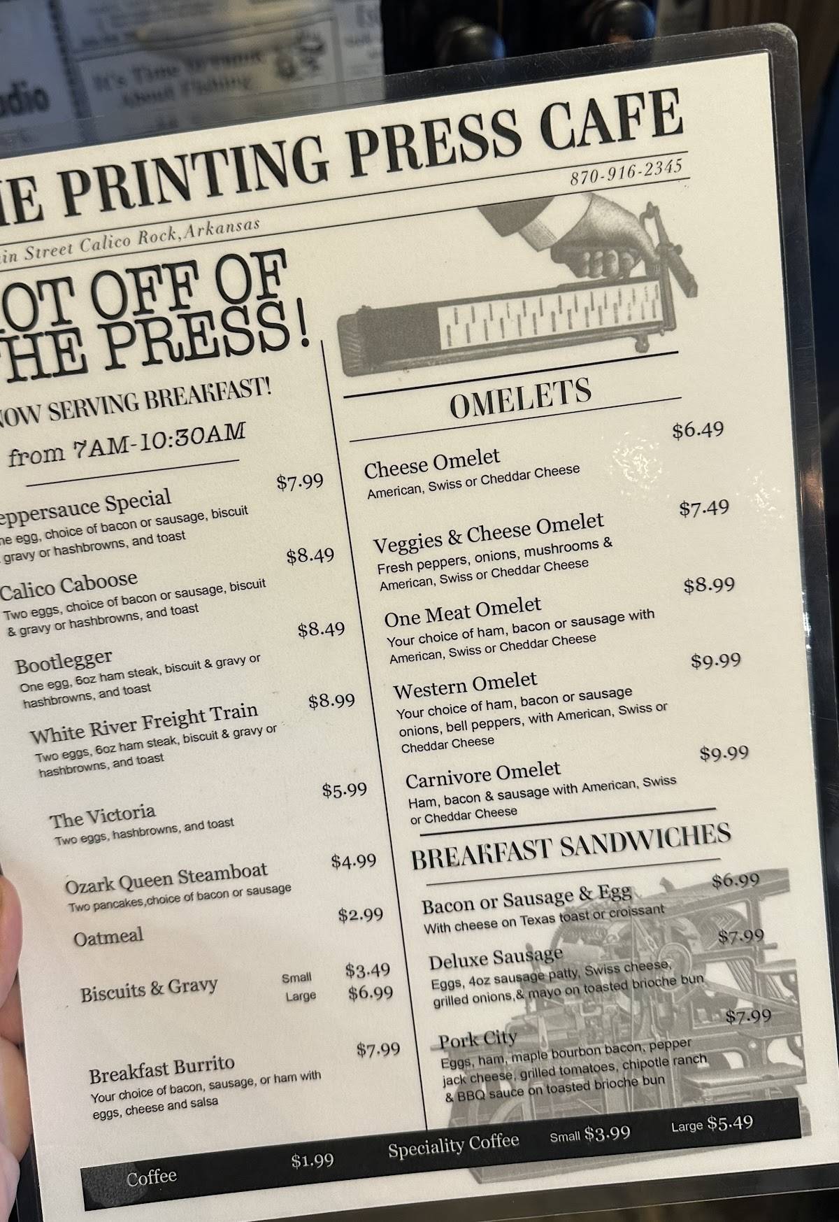 Menu at Printing Press Cafe, Calico Rock
