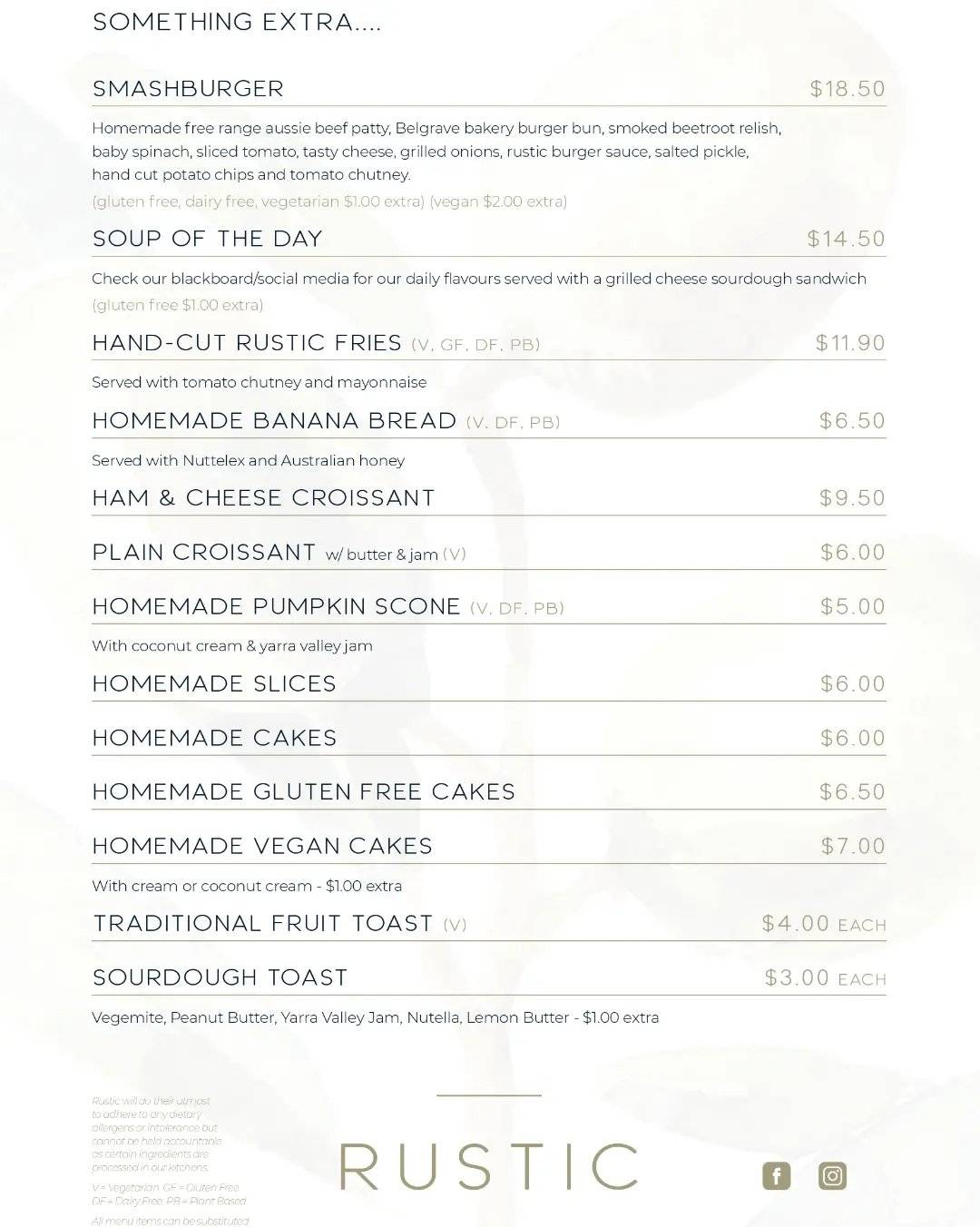 Menu at Rustic cafe, Belgrave