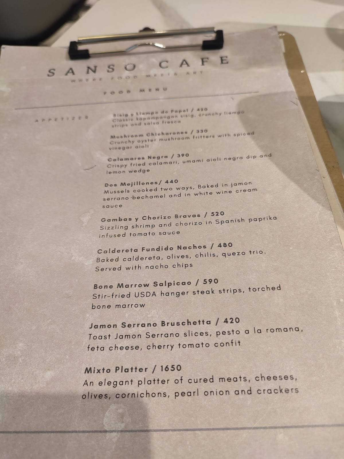 Menu at Cafe Sanso, San Juan, 32 V. Cruz
