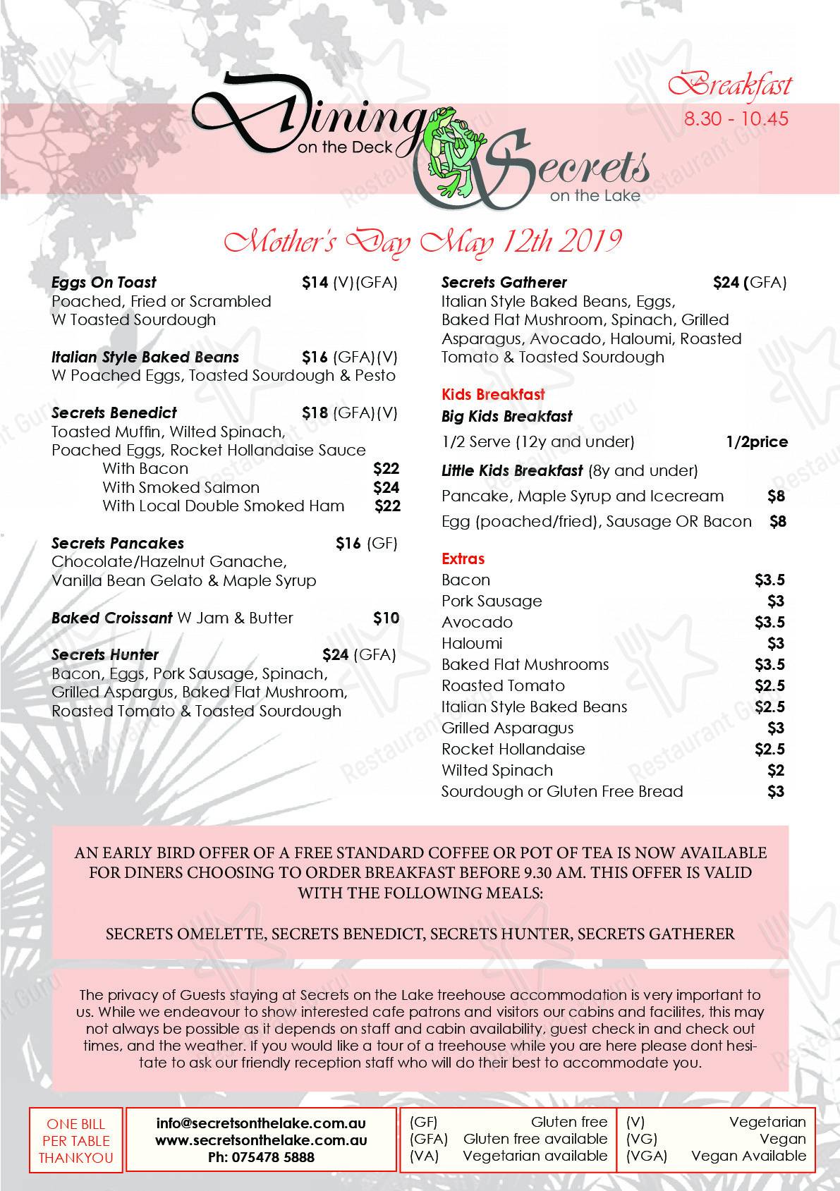Menu at Secrets on the Lake cafe, Montville