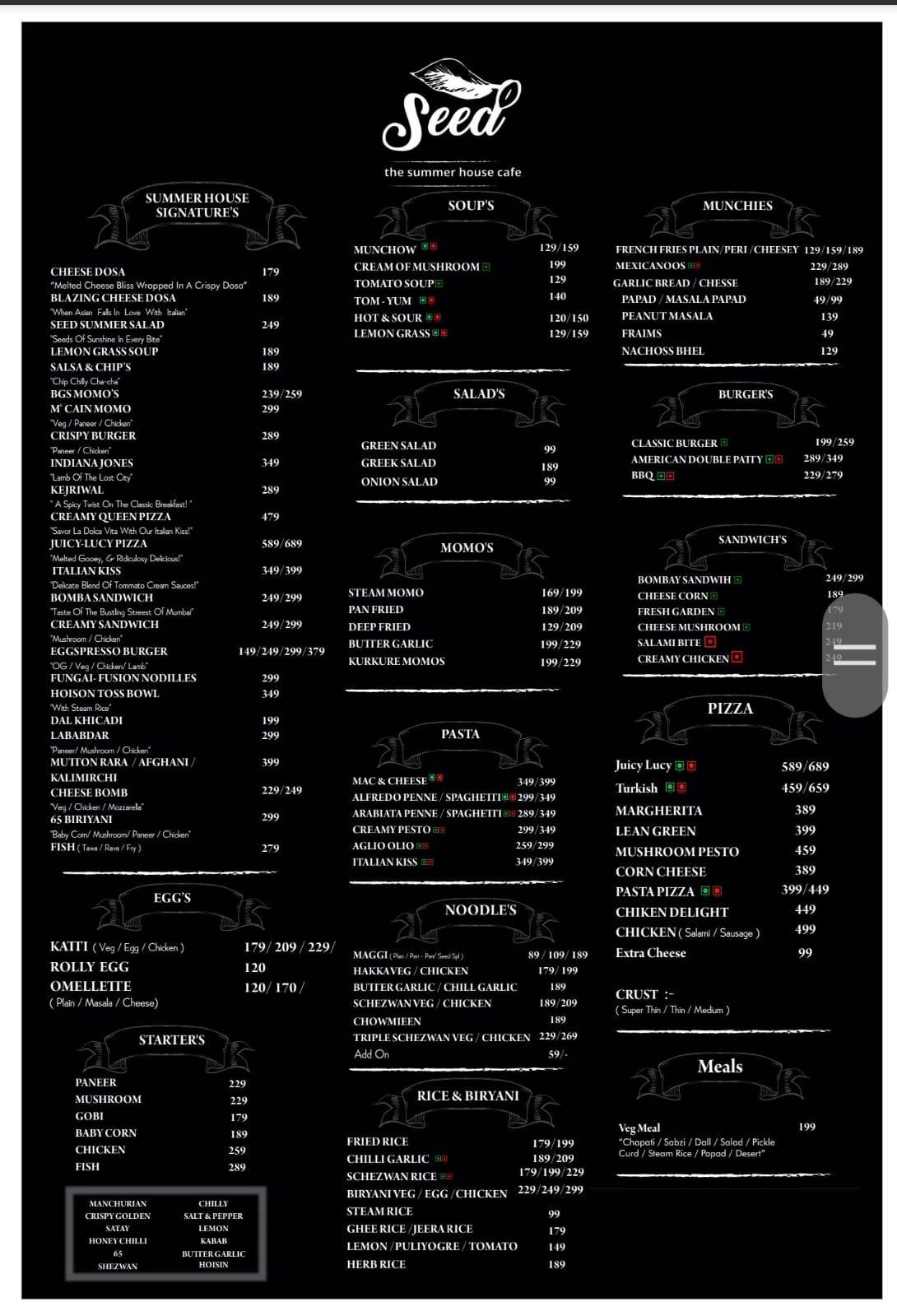 Menu at Seed Cafe, Srirangapatna