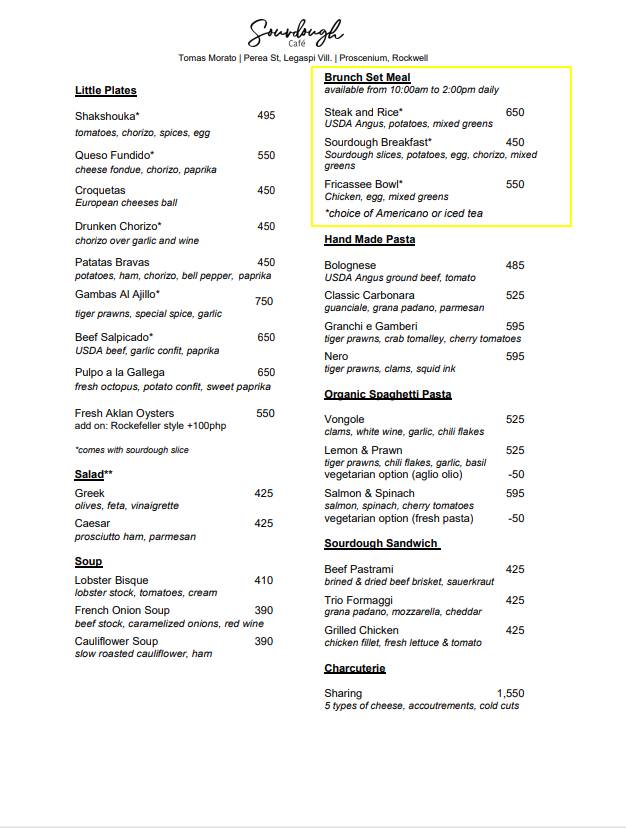 Menu at Sourdough Cafe Tomas Morato, Quezon City