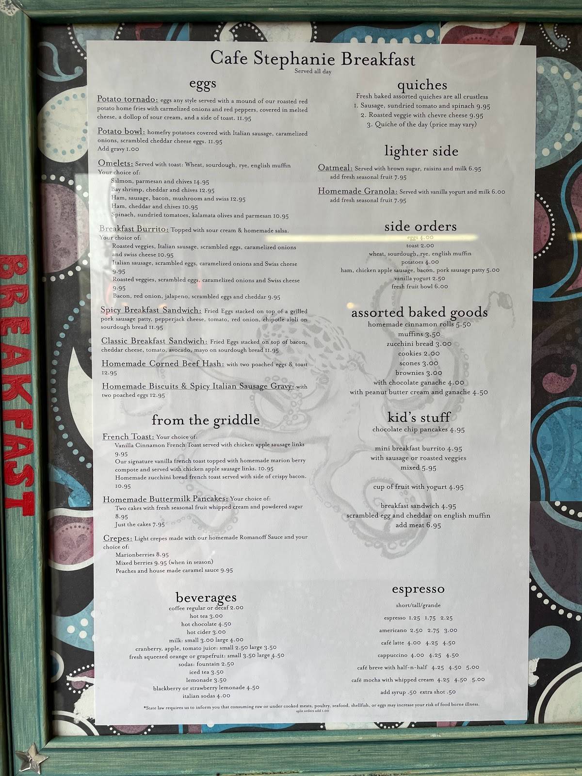 Menu at Cafe Stephanie, Newport