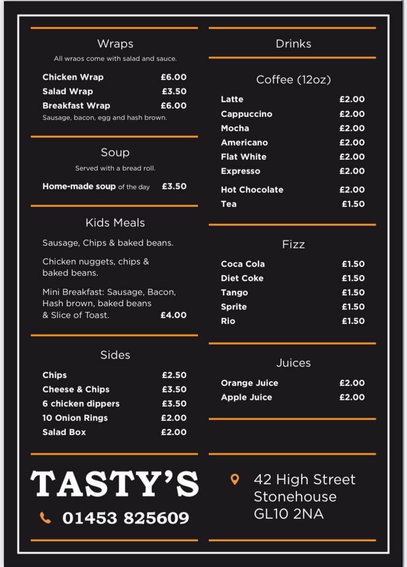 Menu at Tasty’s cafe, Stonehouse