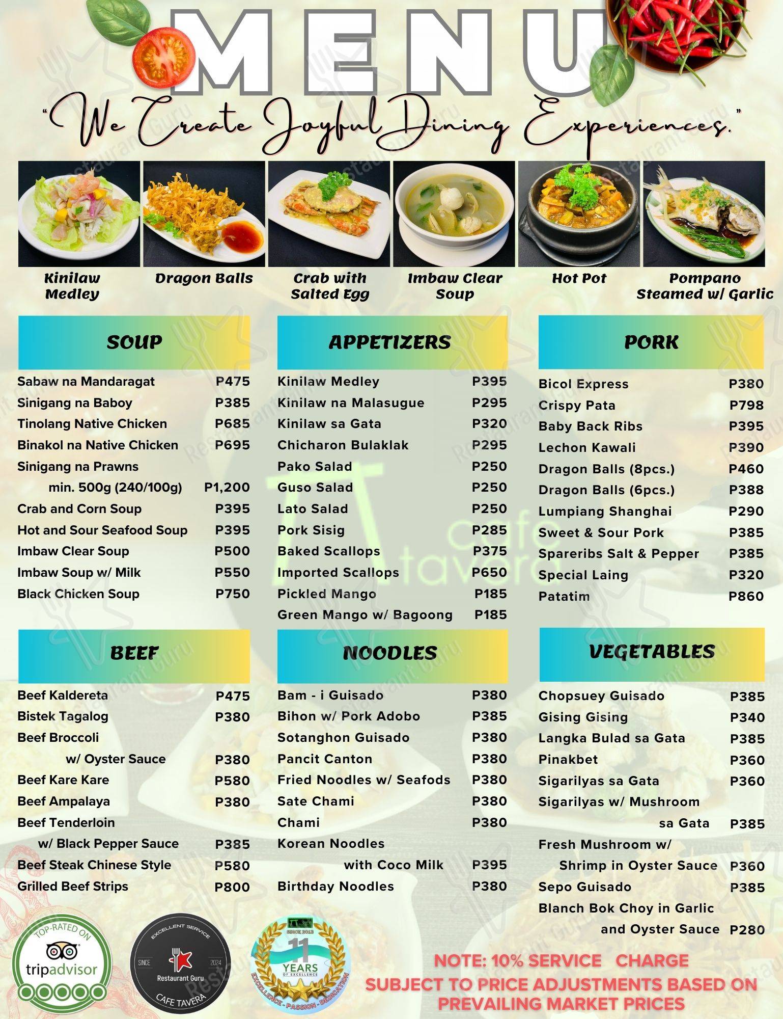 Menu at Cafe Tavera, Davao City