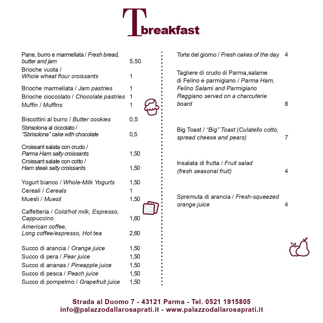 Menu at Tcafè cafe, Parma