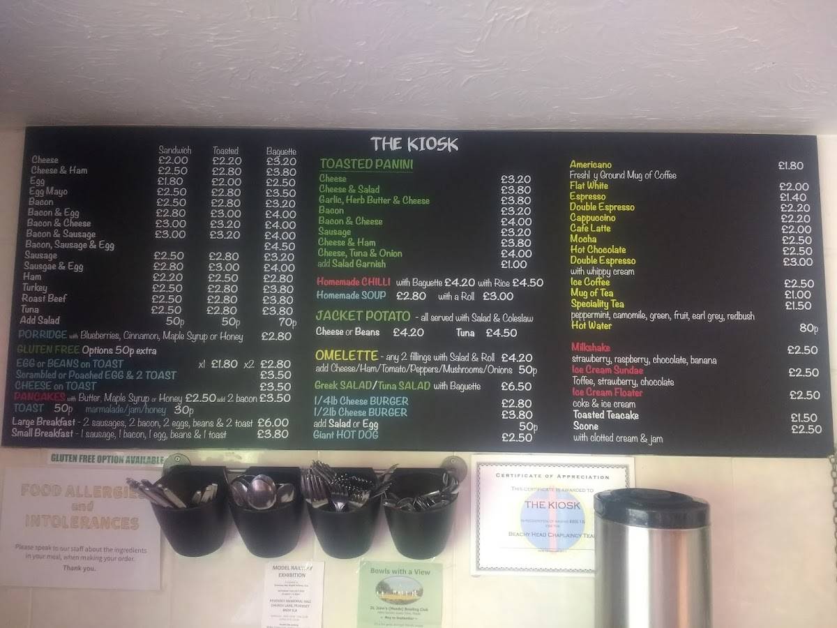 Menu at The Kiosk cafe, Eastbourne