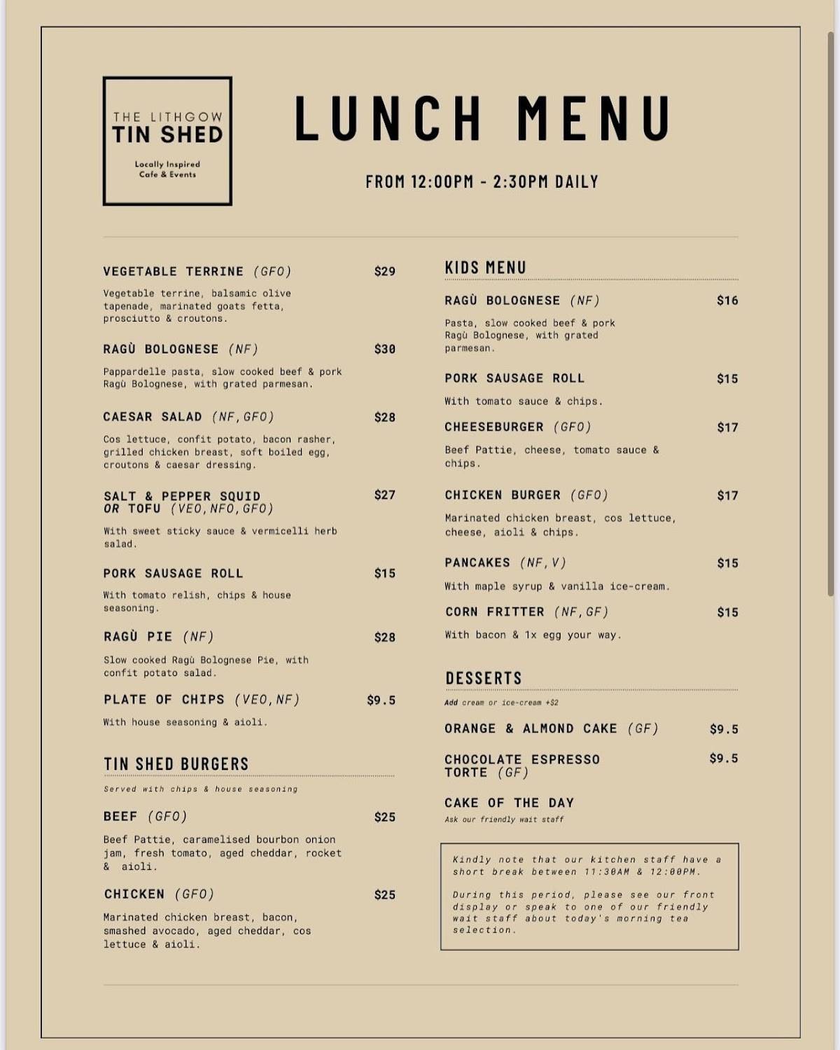 Menu at The Lithgow Tin Shed cafe, Lithgow, 69 Bridge St