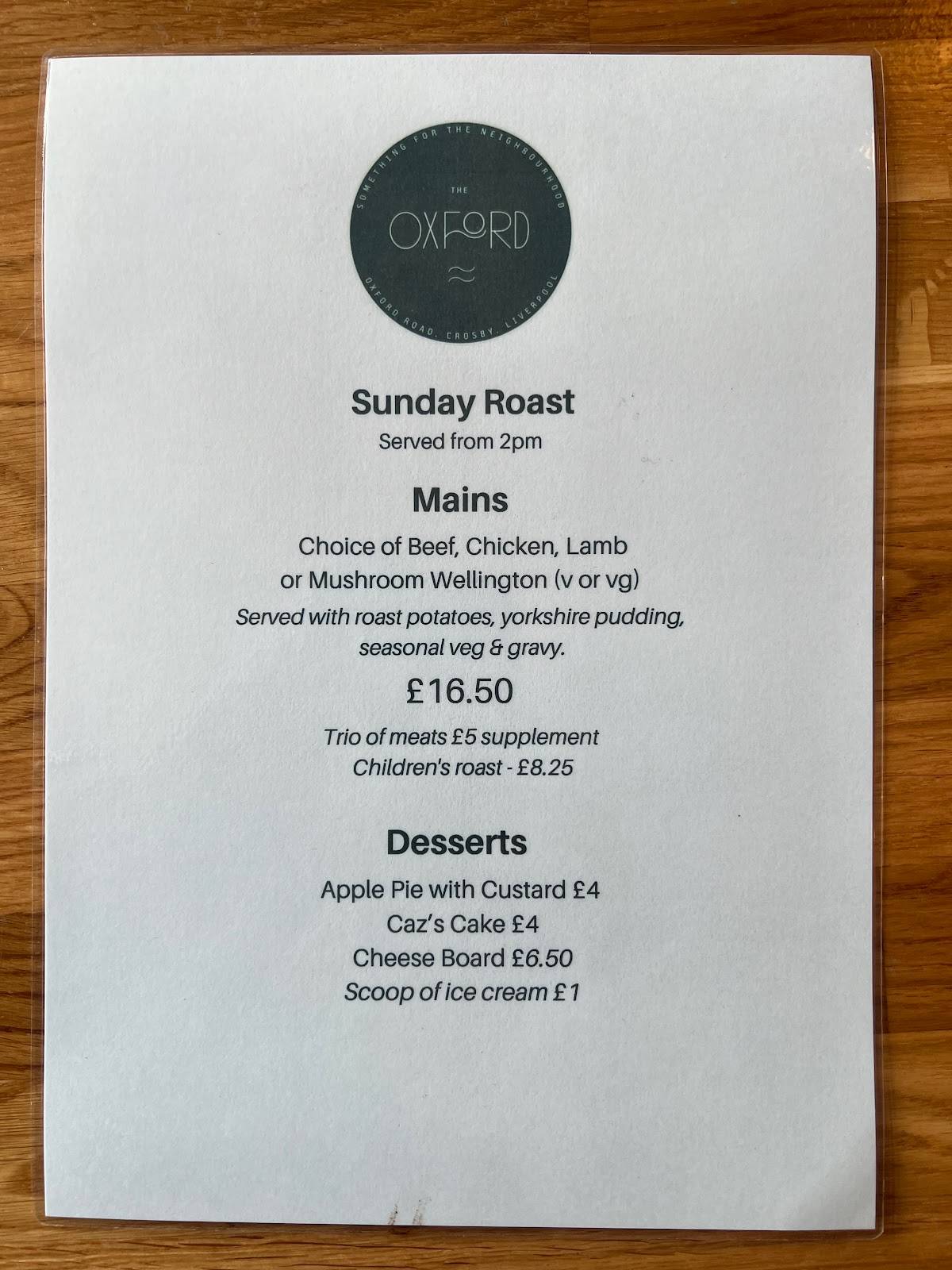 Menu at The Oxford Bar., Liverpool, 89 Oxford Rd