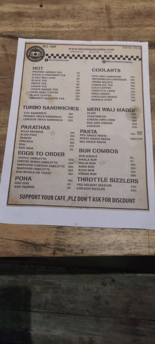 Menu at Throttle Shrottle- Leopard Trail, India