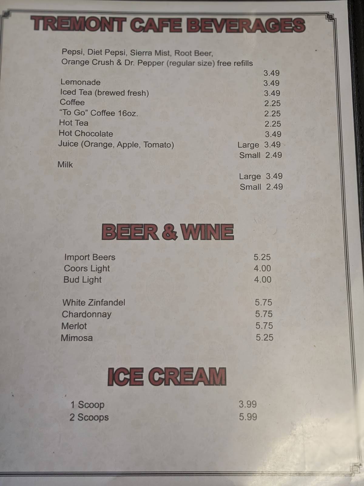 Menu at Tremont Café cafe, Red Bluff