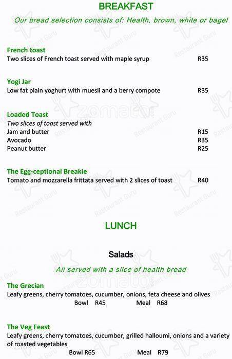 Menu at Under The Oak Tree cafe, Johannesburg