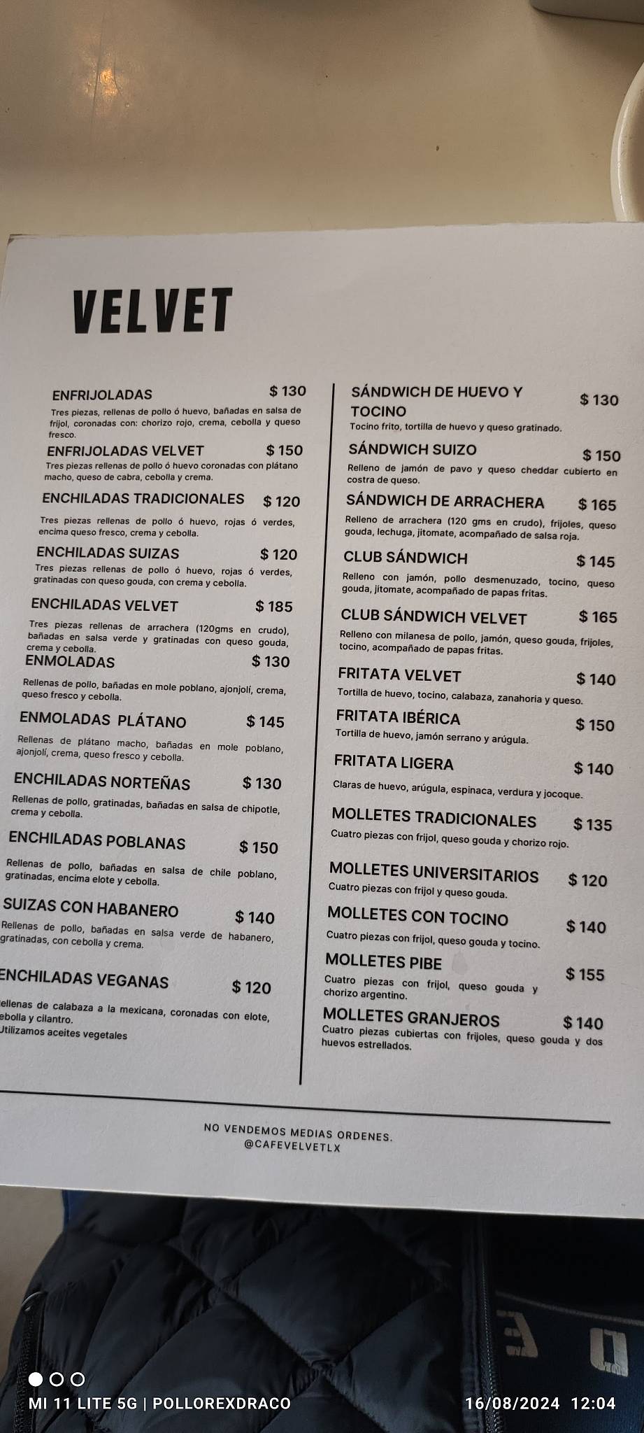 Carta de Café VELVET, Apizaco, Av. Cuauhtémoc 207
