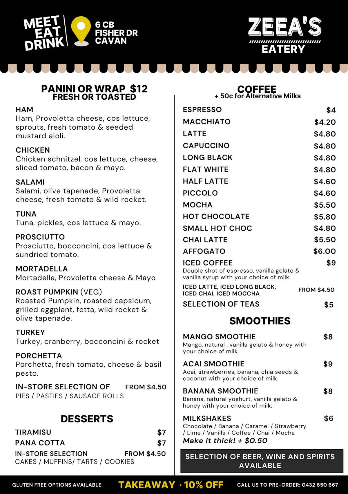 Menu at Zeea's Eatery cafe, Cavan
