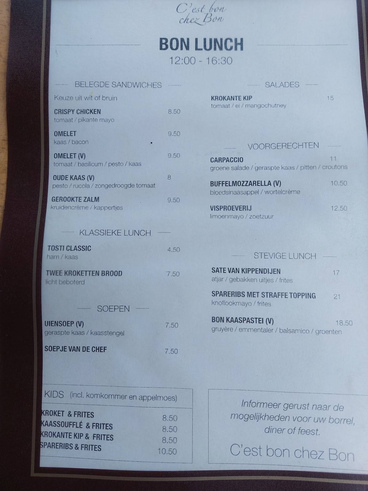 Menu at Café restaurant BON, Vinkeveen