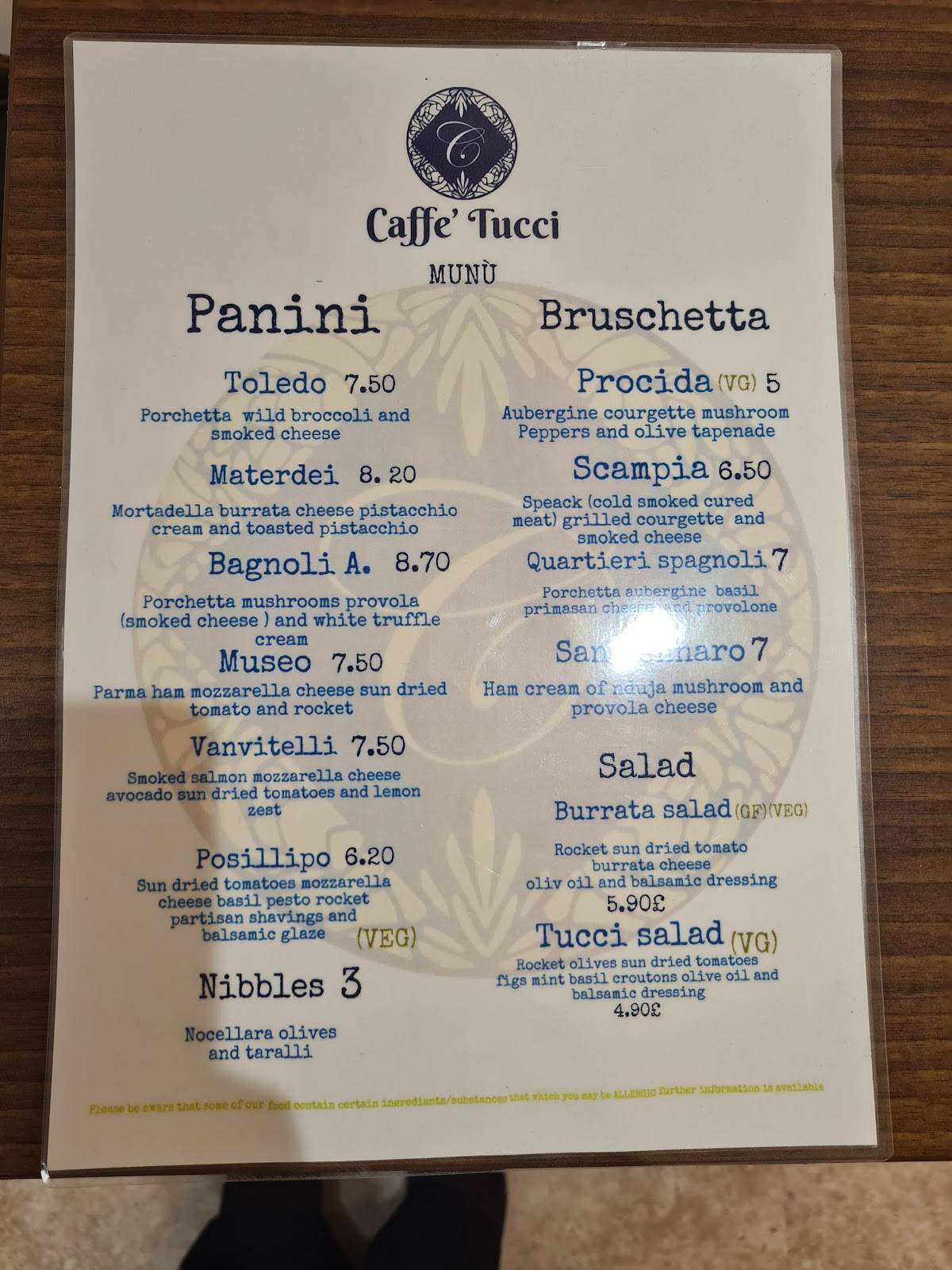 Carta del café Caffè Tucci, Sheffield, 49 Surrey St