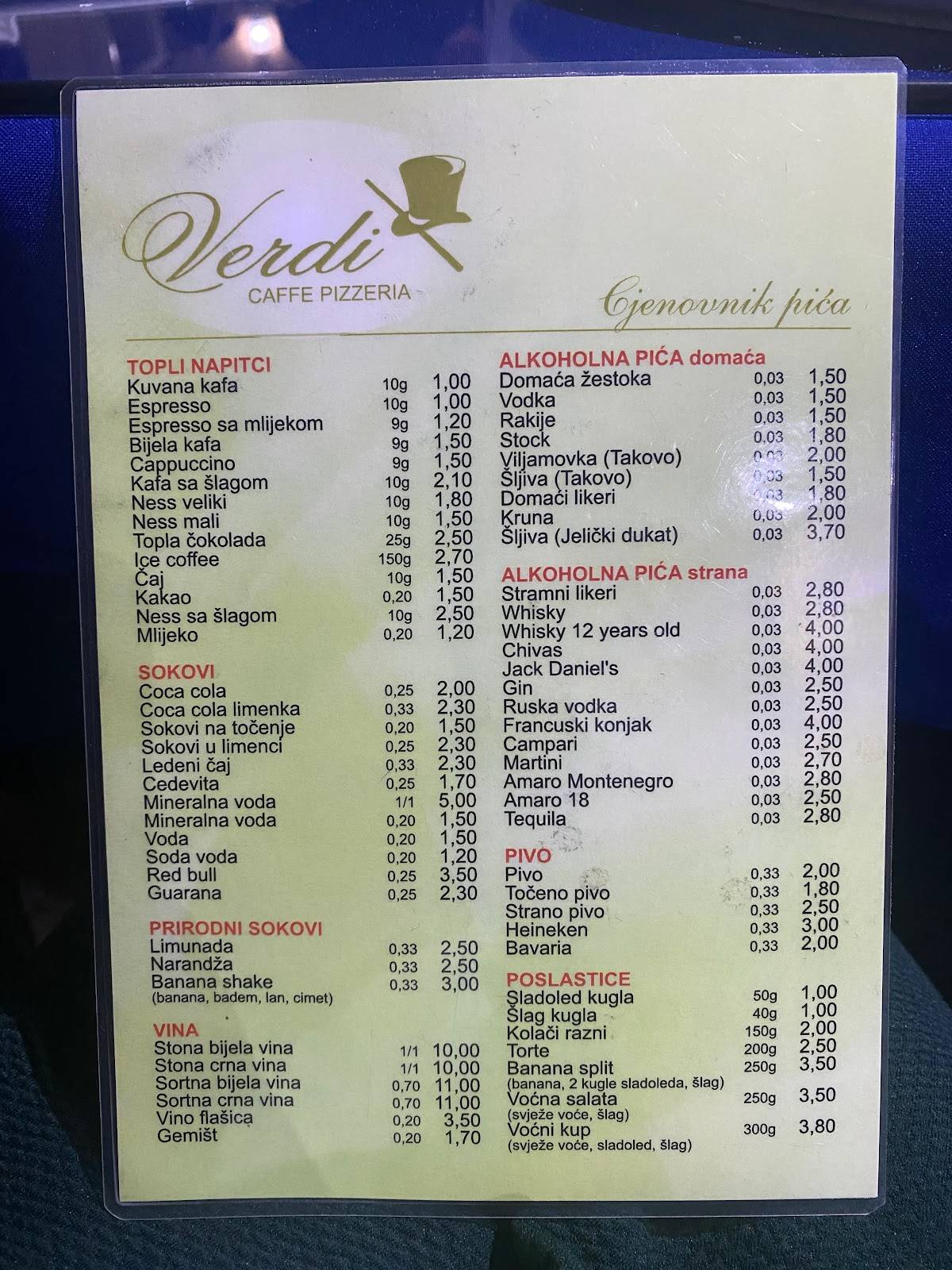 Menu at Caffe Pizzeria Verdi, Zelenika