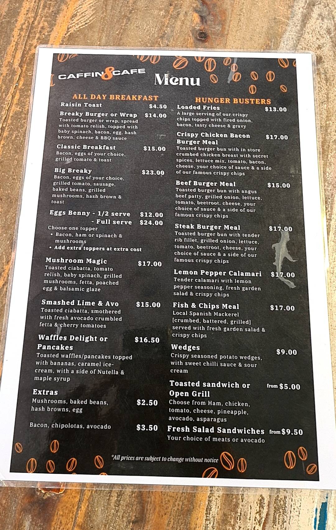Menu at Caffin8 Cafe, Gordonvale