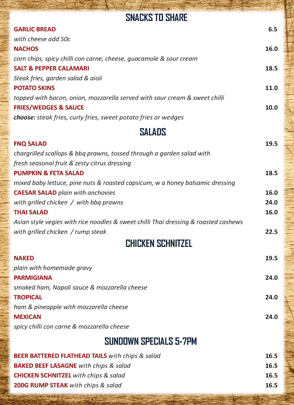 Menu at Cairns Courthouse Hotel pub & bar, Cairns City, 38 Abbott St