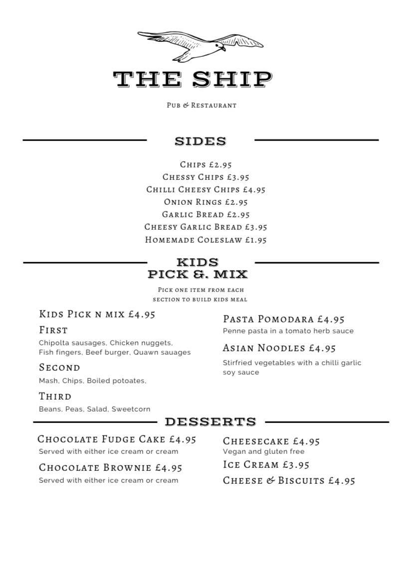 Menu at The Ship Inn pub & bar, Great Yarmouth