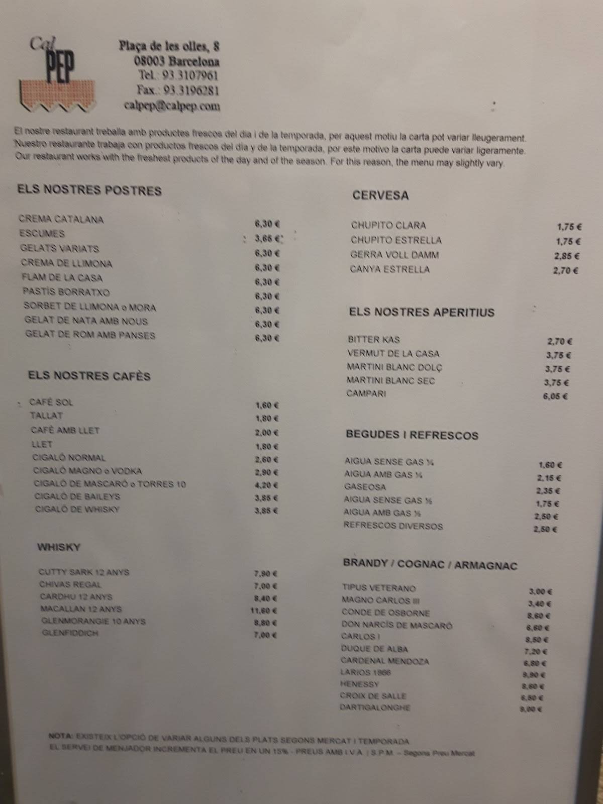 Menu at Cal Pep pub & bar, Barcelona, Plaça de les Olles