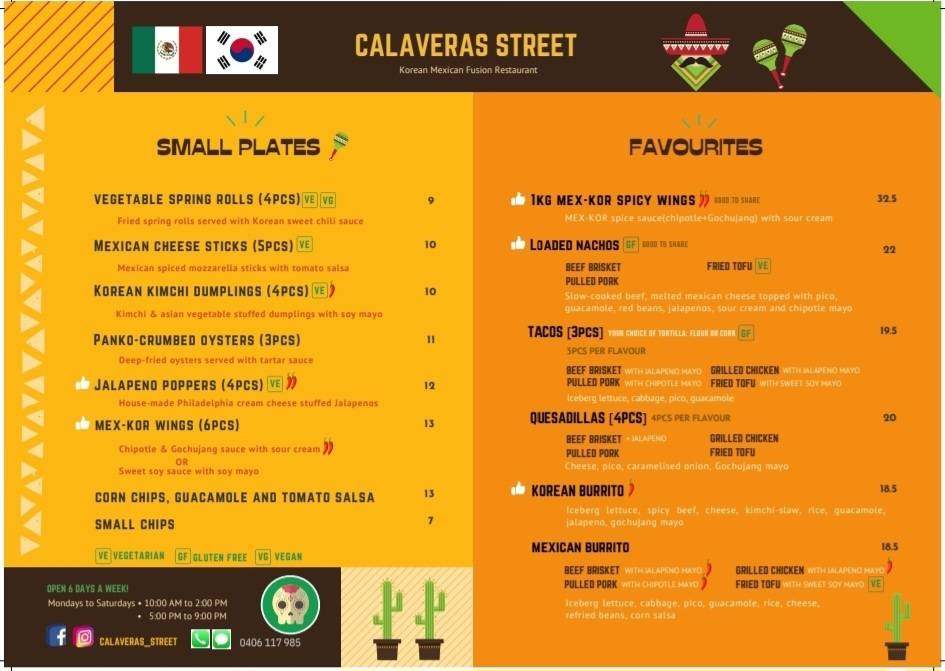Menu at Calaveras Street Fusion restaurant, Parramatta Park