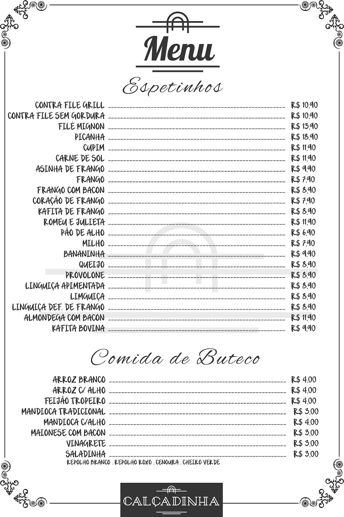 Menu at Calçadinha Espetos - Oeste restaurant, Goiânia