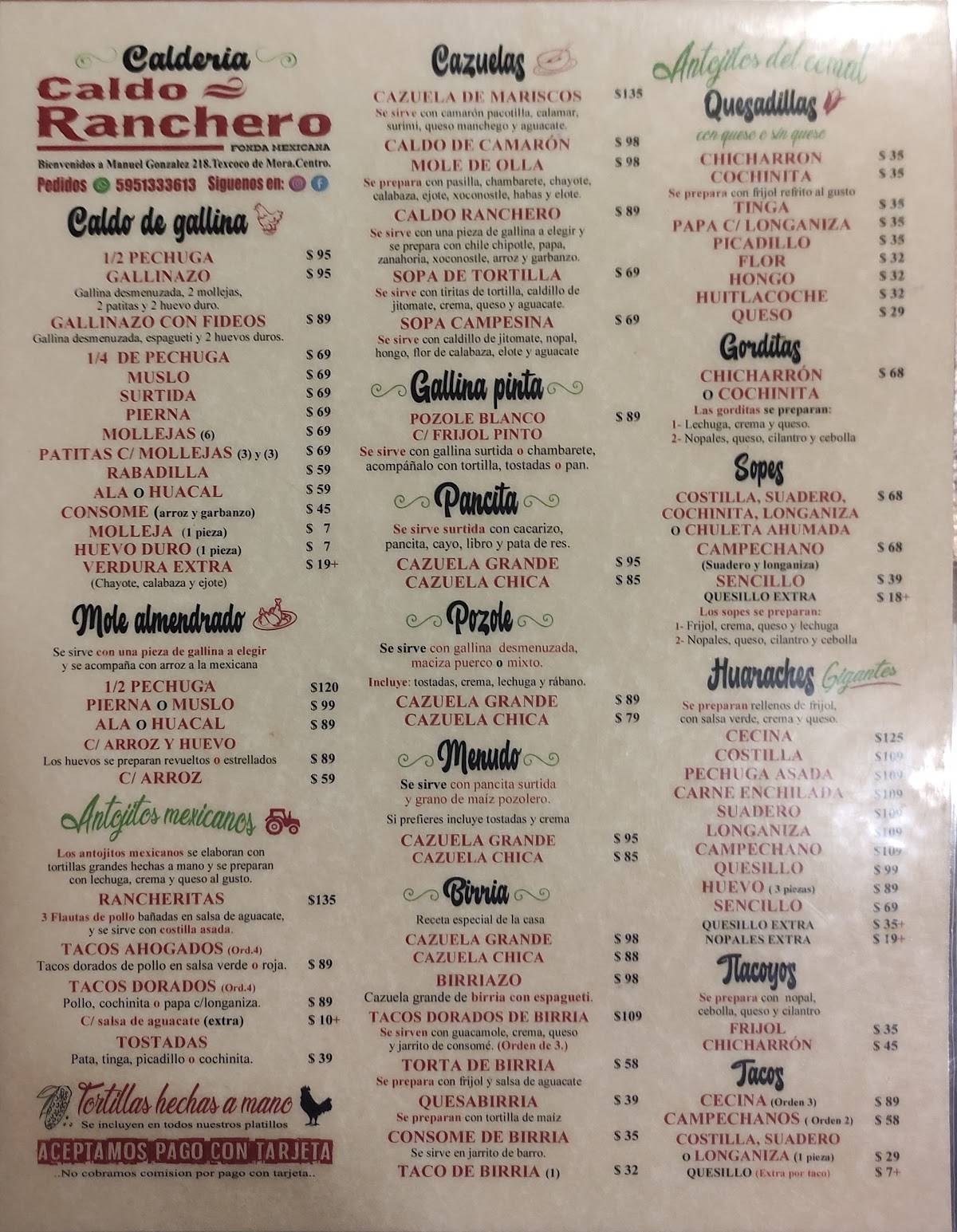 Carta del restaurante Caldo Ranchero (Calderia), Texcoco del Mora