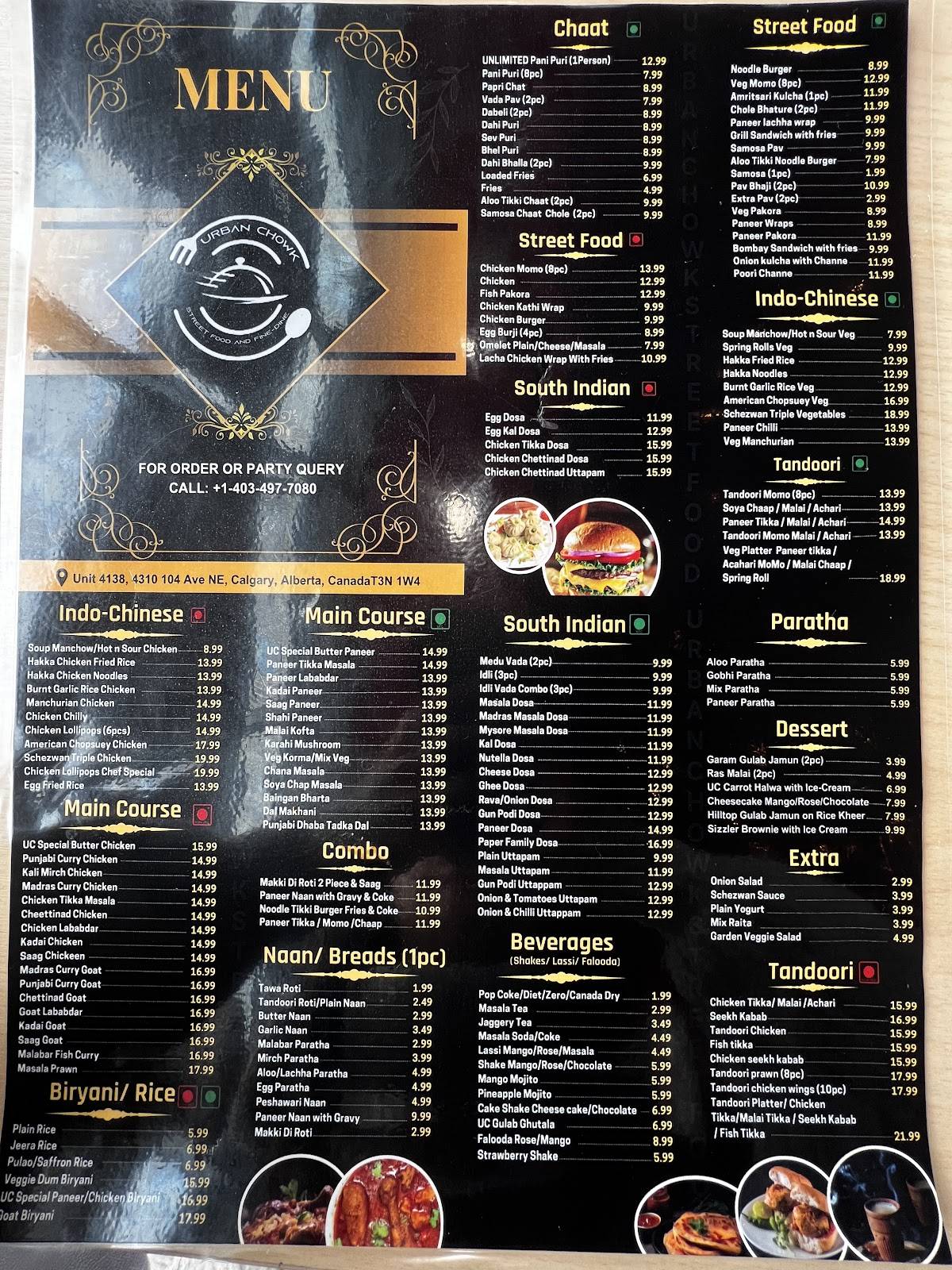 Menu at Urban Chowk Street Food and Indian Cuisine restaurant, Calgary