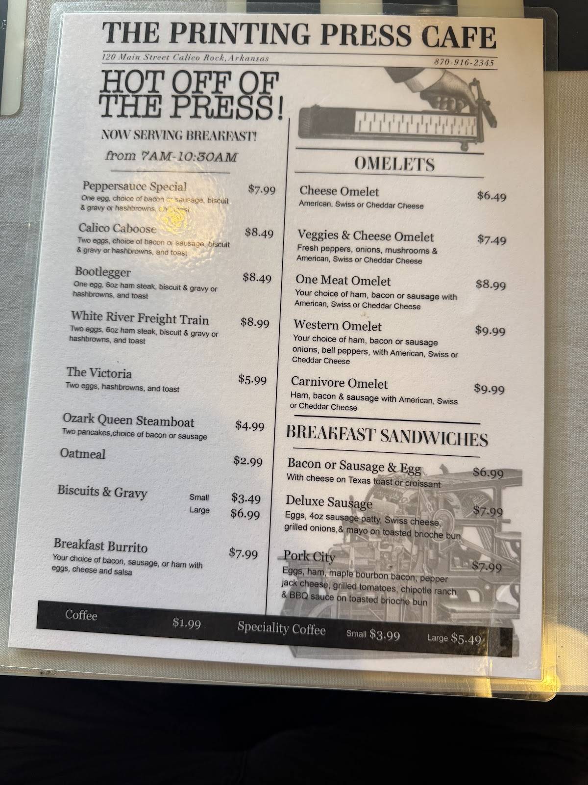 Menu at Printing Press Cafe, Calico Rock