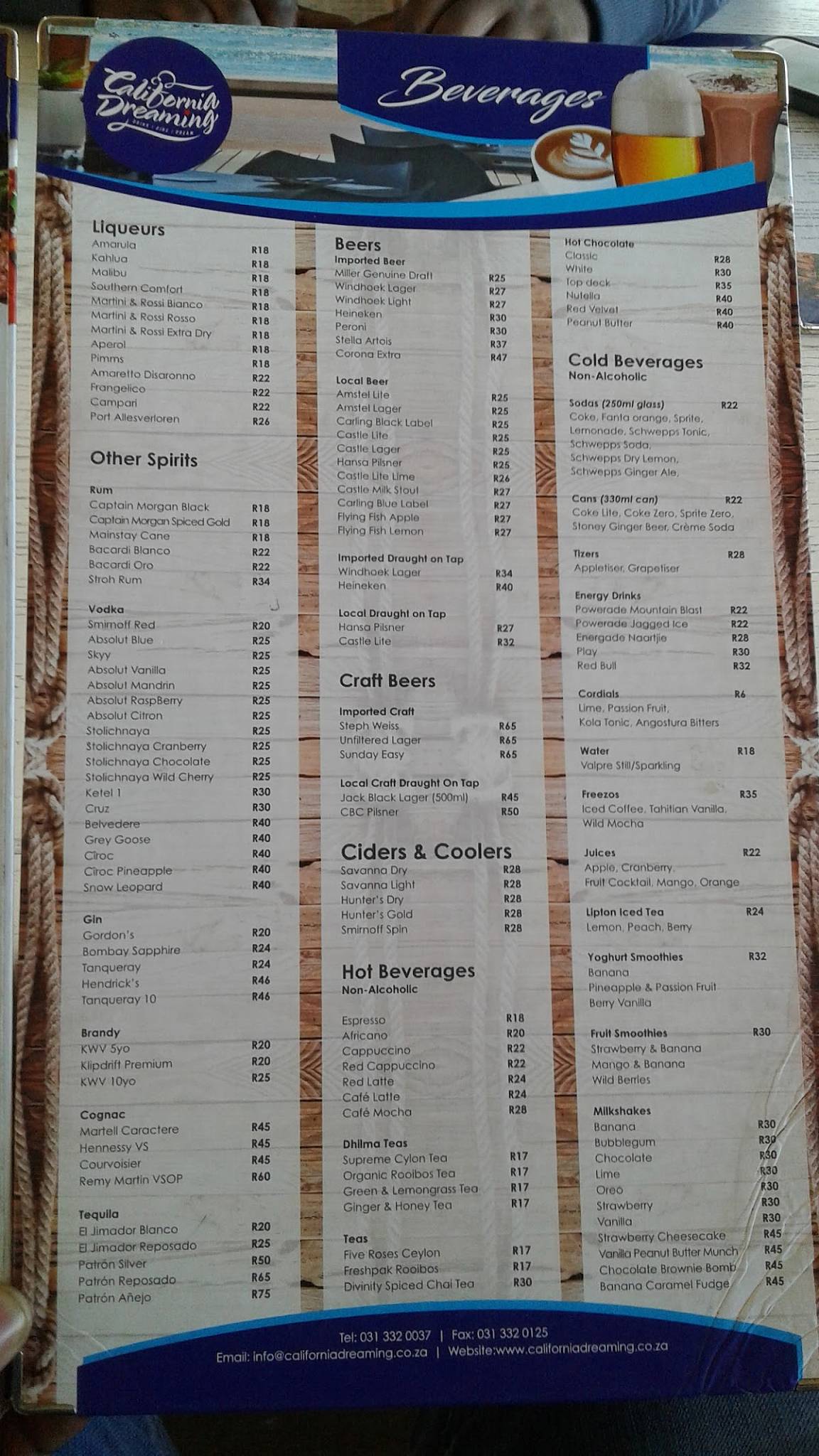 Menu at California Dreaming restaurant, Durban, 150 Marine Parade