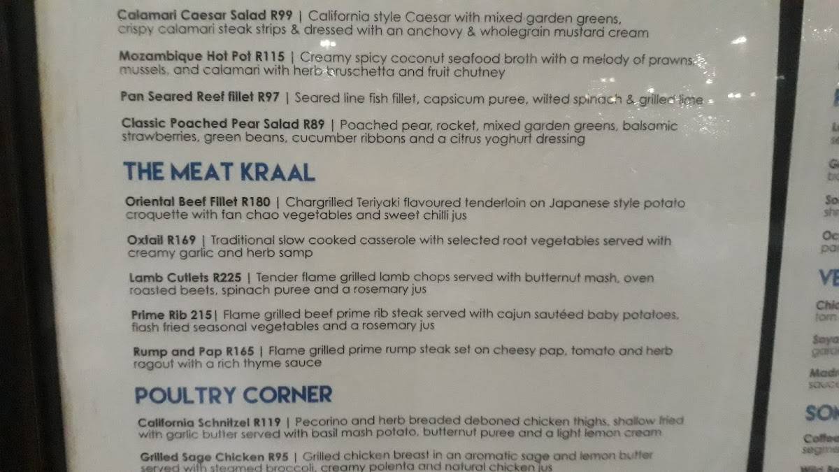 Menu at California Dreaming restaurant, Durban, 150 Marine Parade