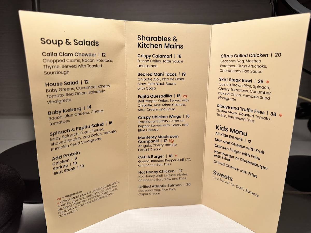 Menu at Calla, Hilton Garden Inn, Monterey, CA restaurant, Monterey