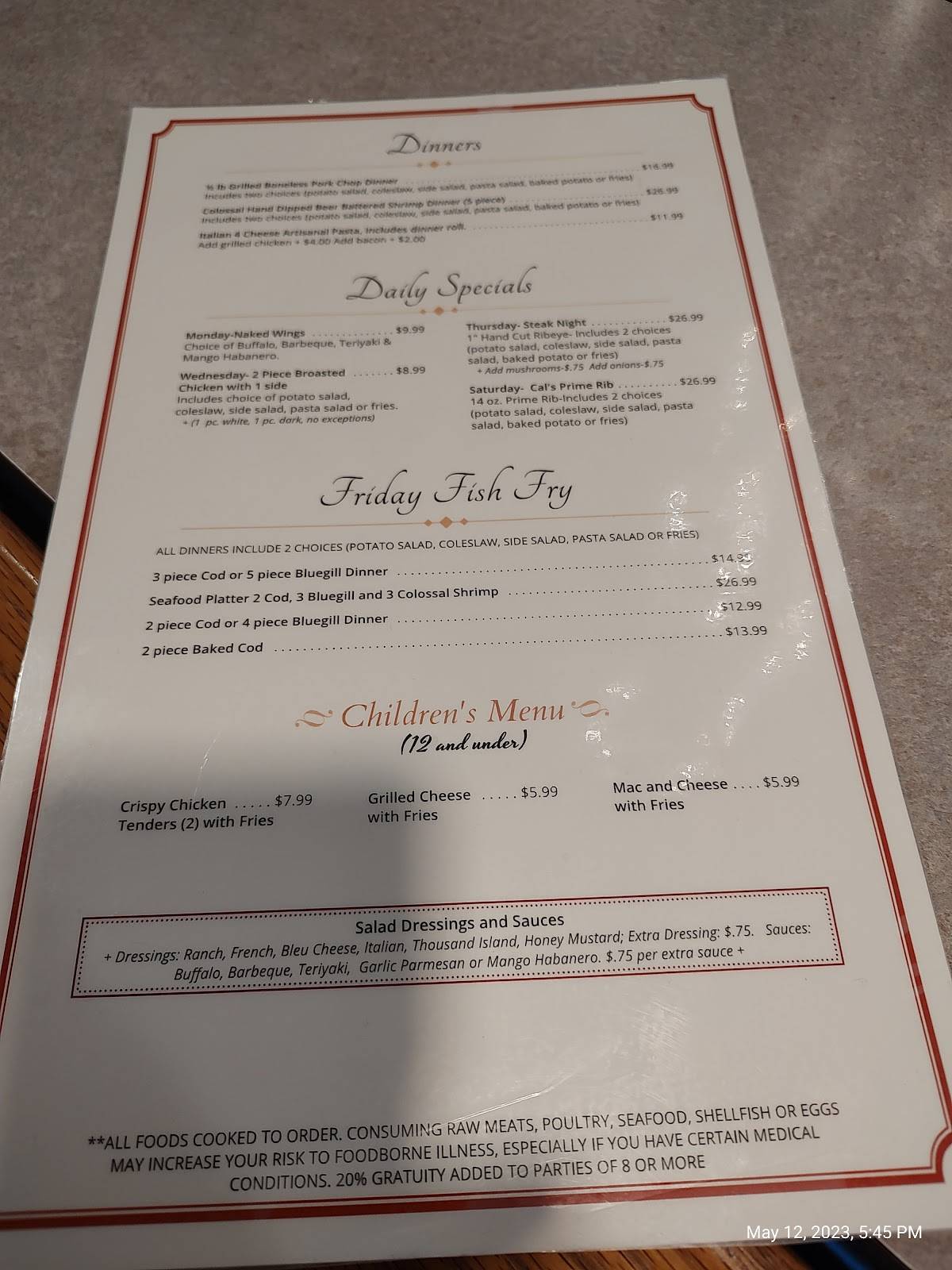 Menu at Cal's Corner pub & bar, USA, 382 State Hwy 13