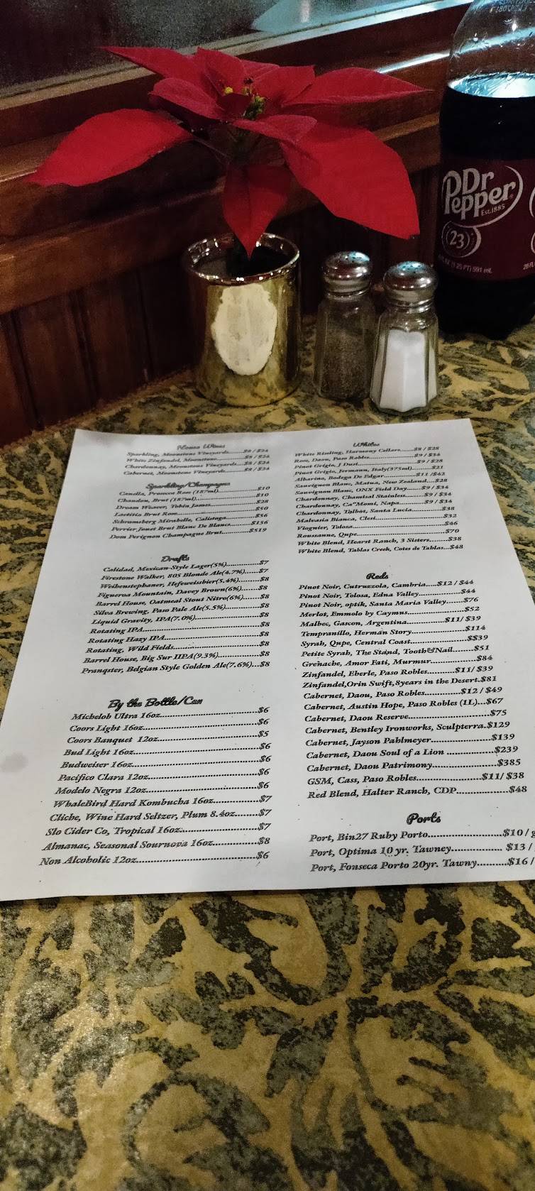 Menu at Cambria Pines Lodge Restaurant, Cambria