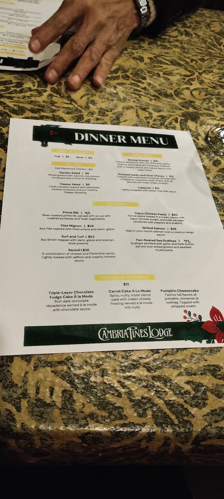 Menu at Cambria Pines Lodge Restaurant, Cambria