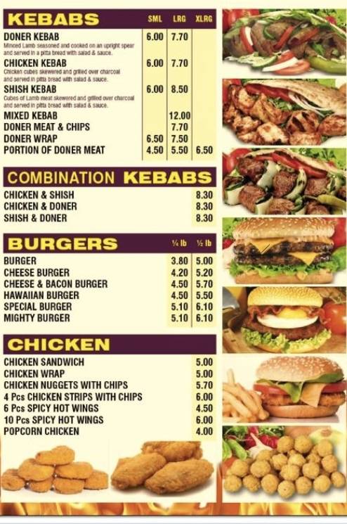 Menu at Flames restaurant, Camelford