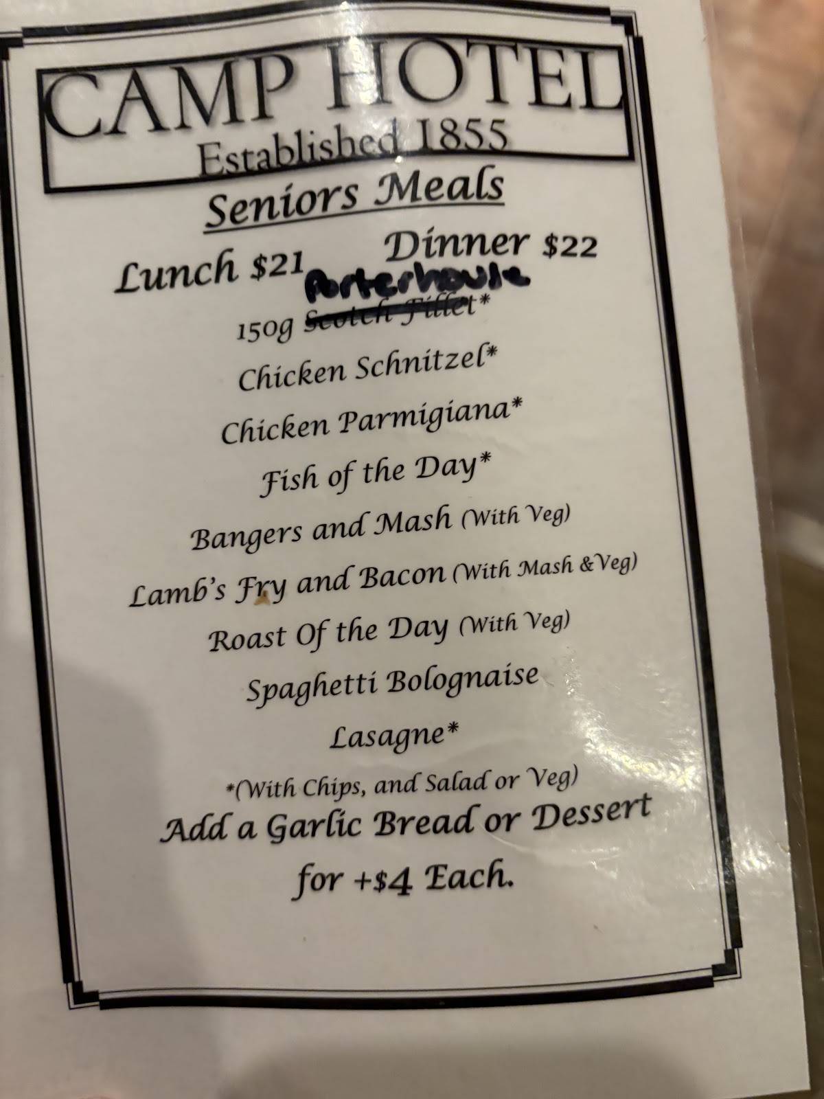 Menu at Camp Hotel pub & bar, Eaglehawk