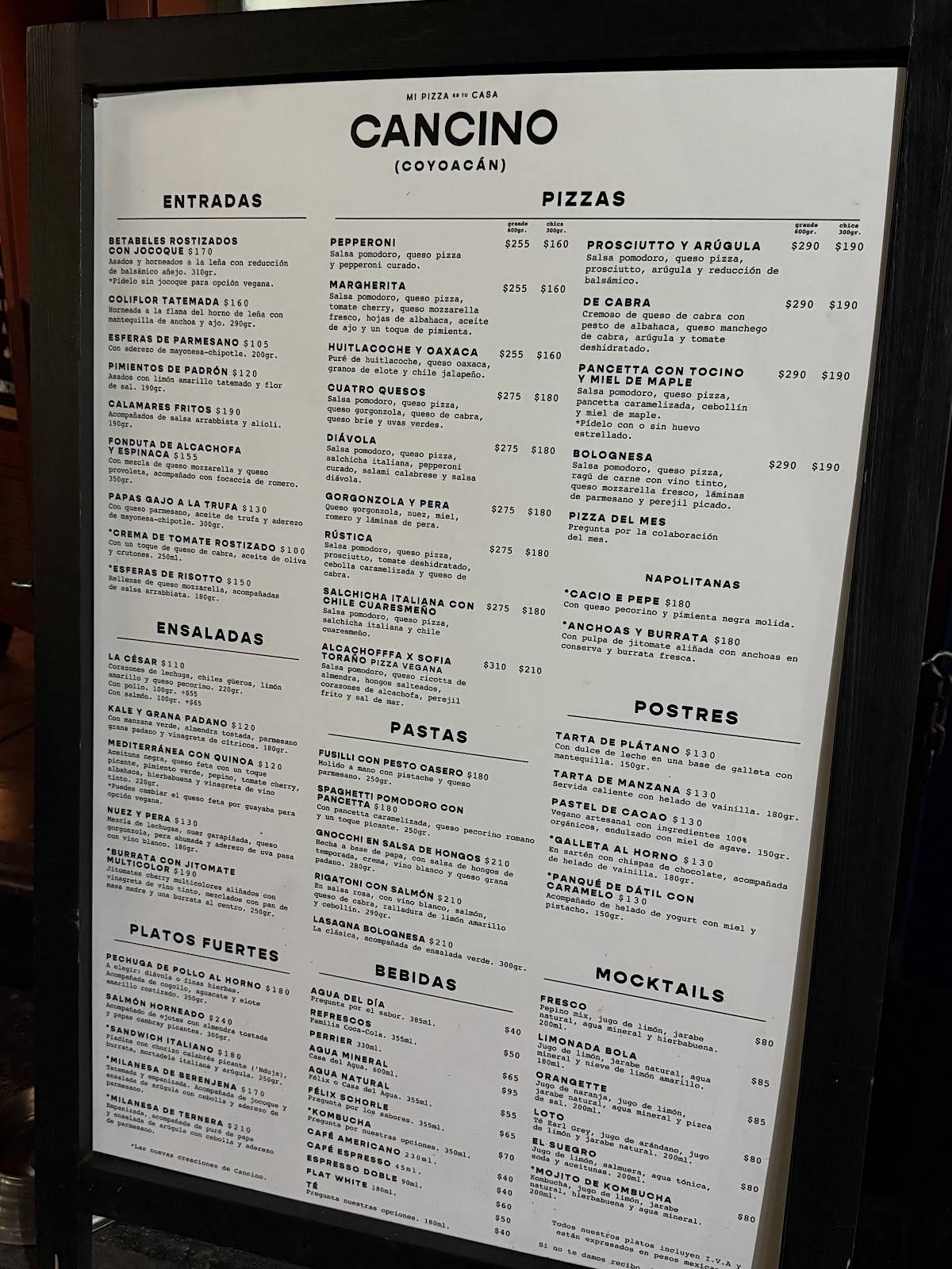 Menu at Cancino Coyoacán restaurant, Mexico City