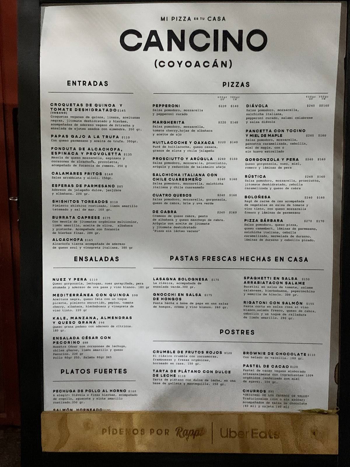 Carta del restaurante Cancino Coyoacán, Ciudad del México