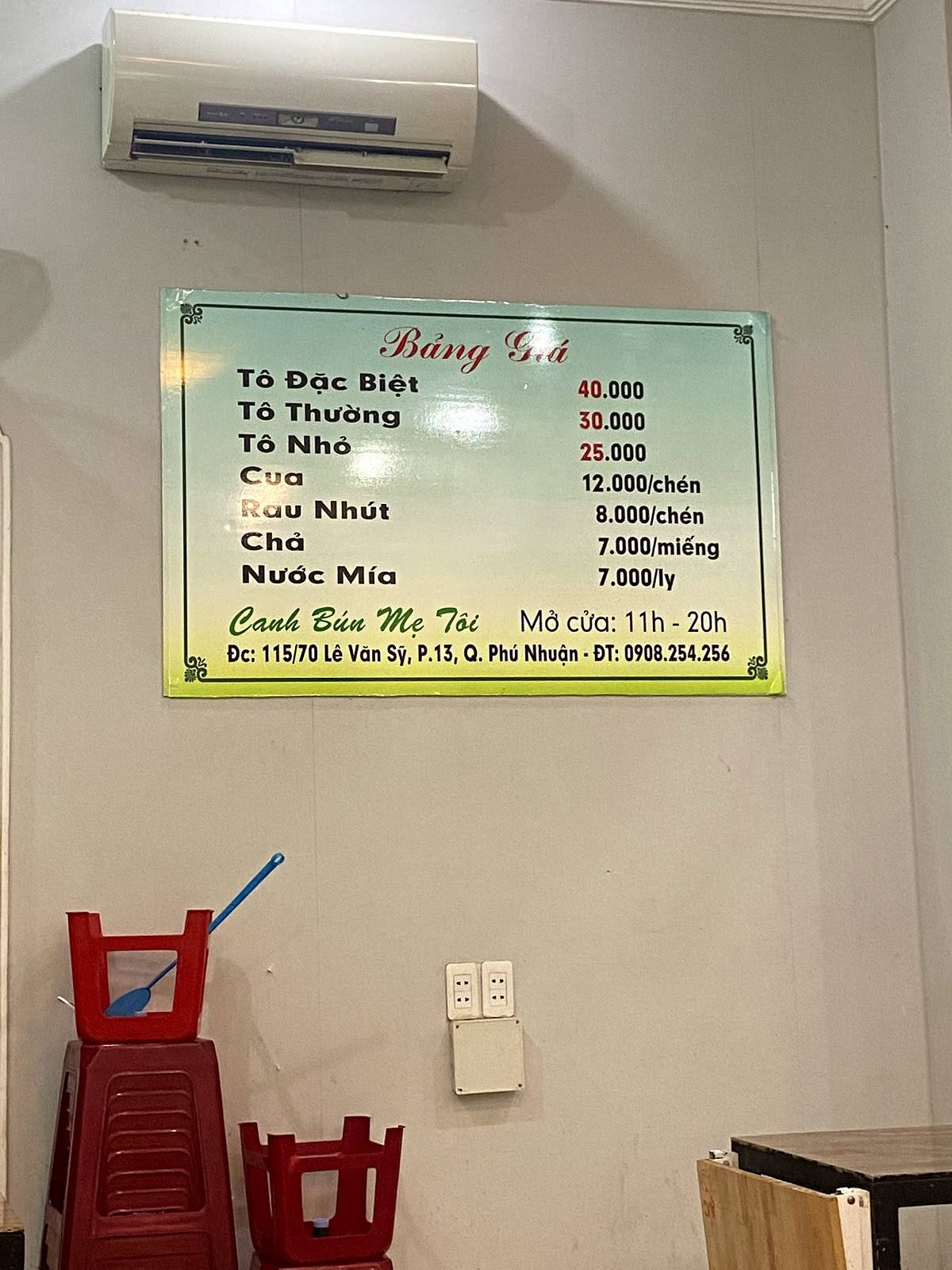Menu at Canh Bún Mẹ Tôi restaurant, Ho Chi Minh City