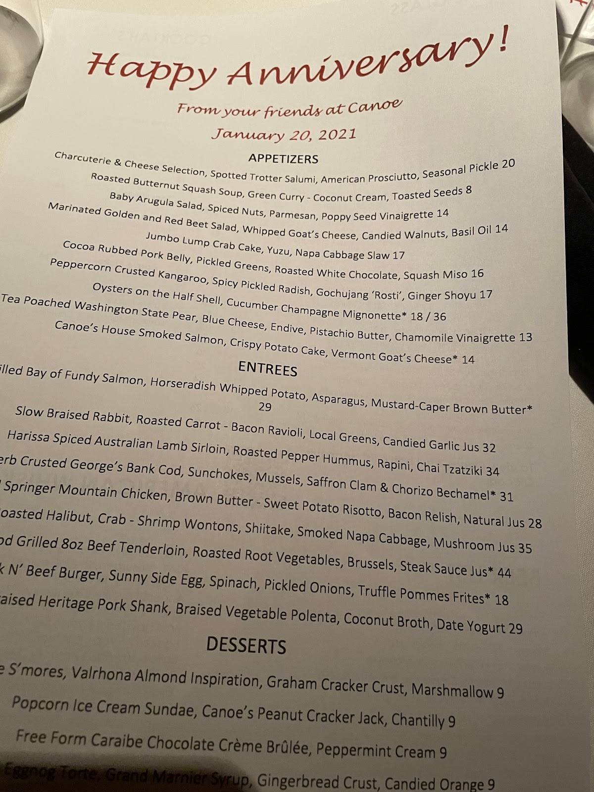 Menu at Canoe restaurant, Atlanta, Paces Ferry Rd SE