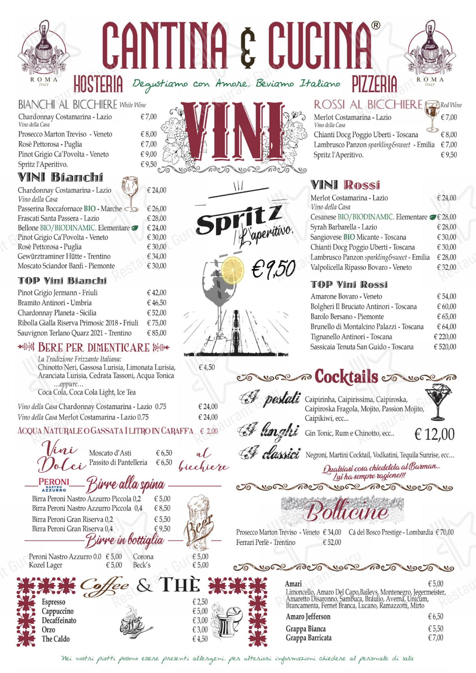 Menu at Cantina e Cucina pub & bar, Rome