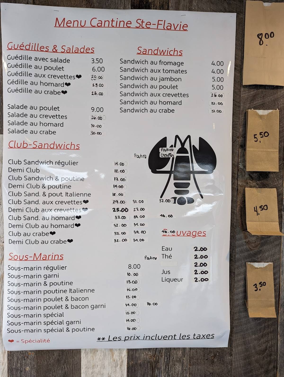 Menu au Cantine Ste-Flavie restaurant, Mont-Joli