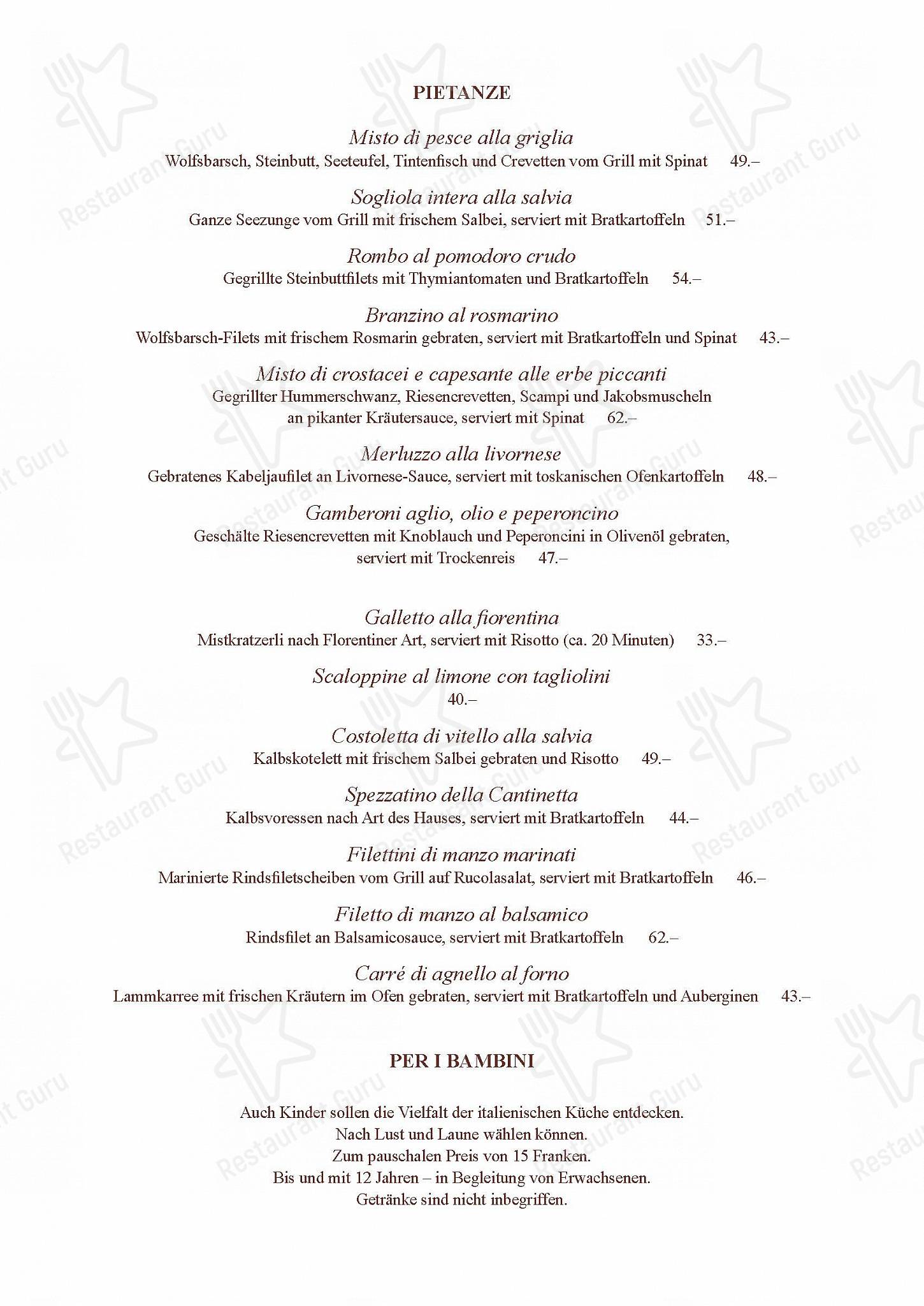 Menu da Cantinetta Antinori, Zurigo, Augustinergasse 25